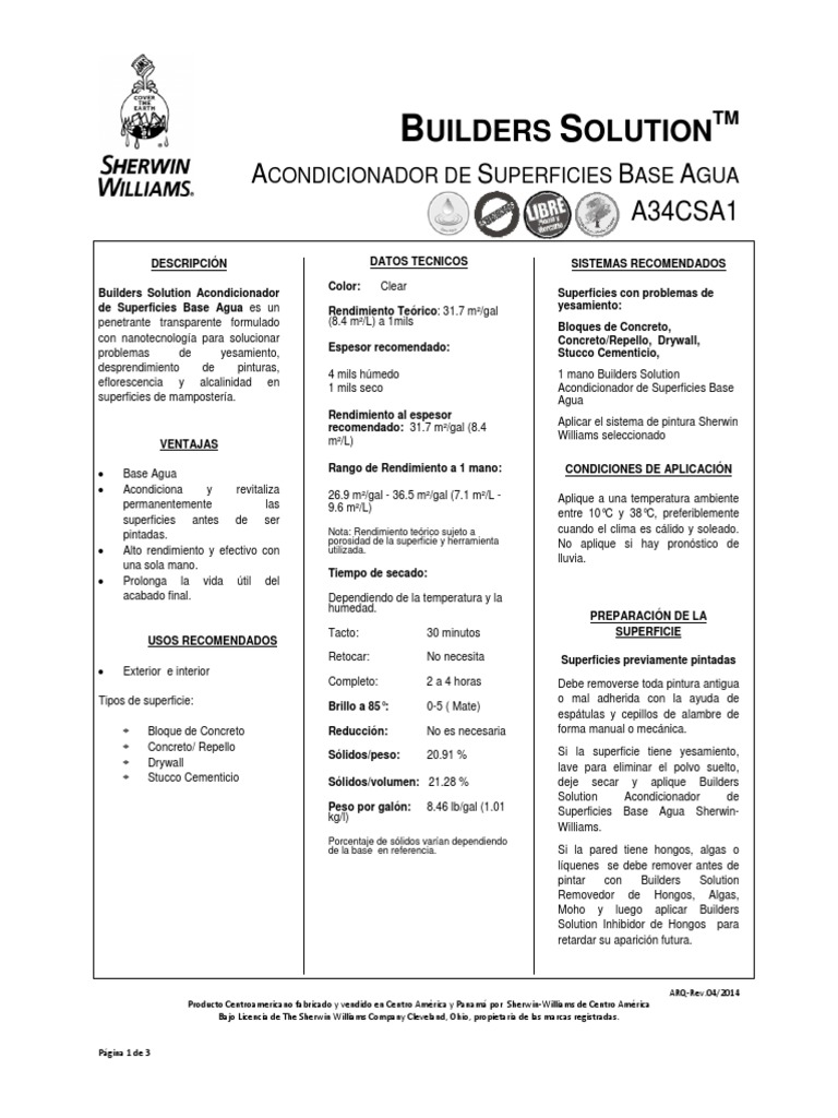 Builders Solution Acondicionador de Superficies Base Agua | PDF | Pinturas | Cepillo