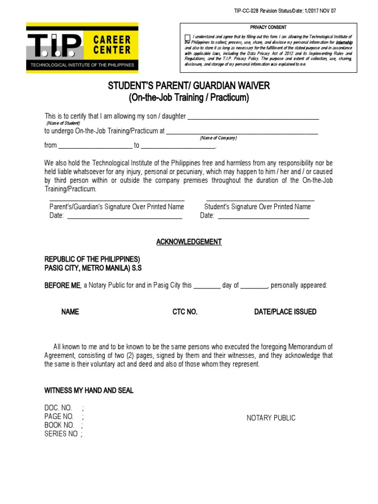 TIP-CC-028 Student - S Parent - Guardian Waiver DPD | PDF | Notary ...