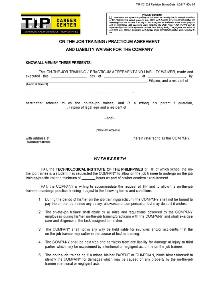 Tip-Cc-029 On - The - Job Training - Practicum Agreement For The ...