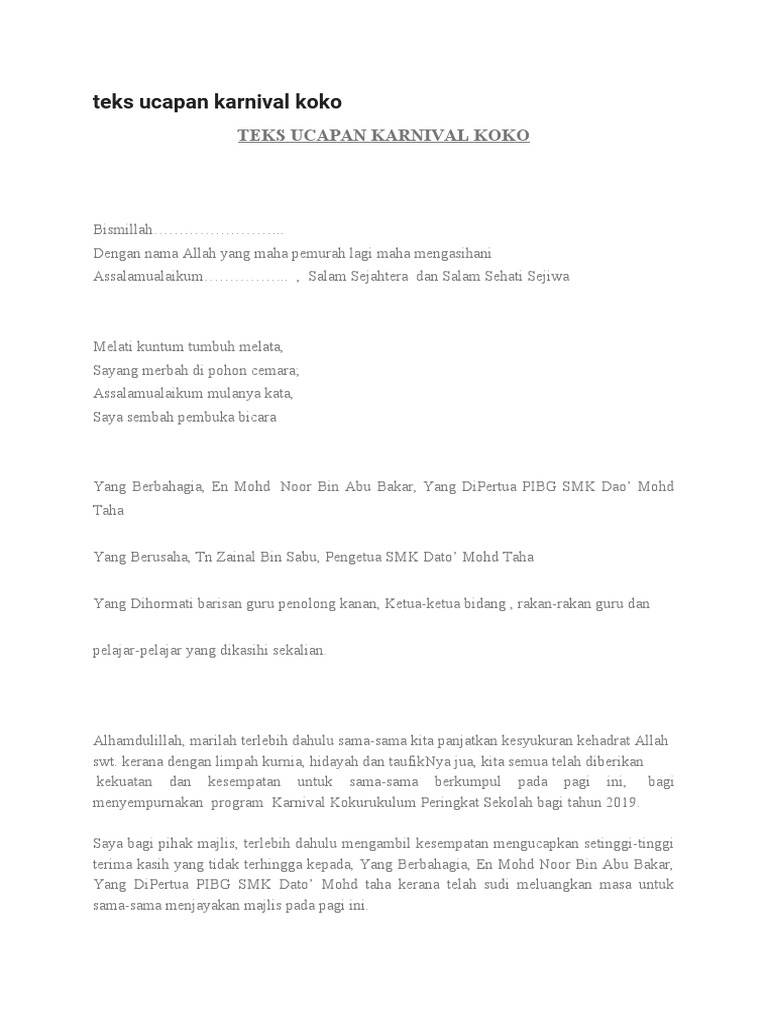 Teks Ucapan Karnival Koko | PDF