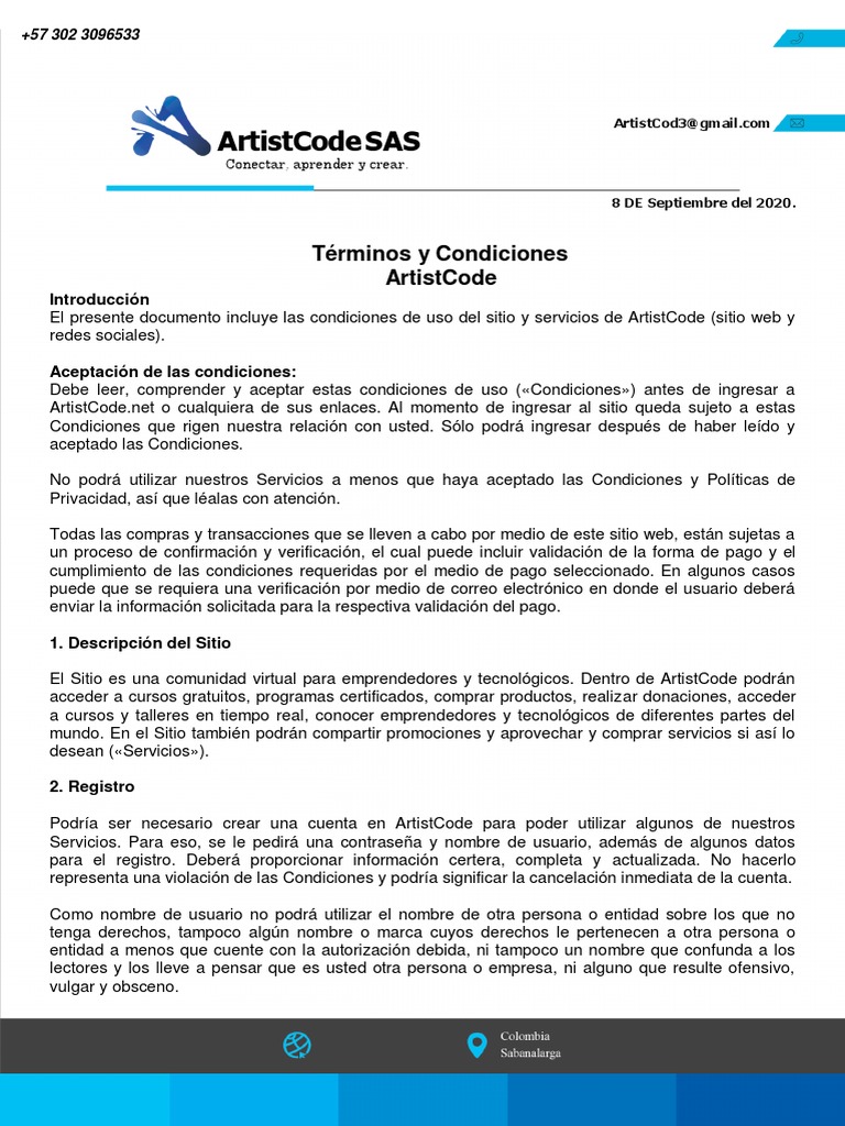 Términos y Condiciones de ArtistCode | PDF | Red mundial | Internet y web