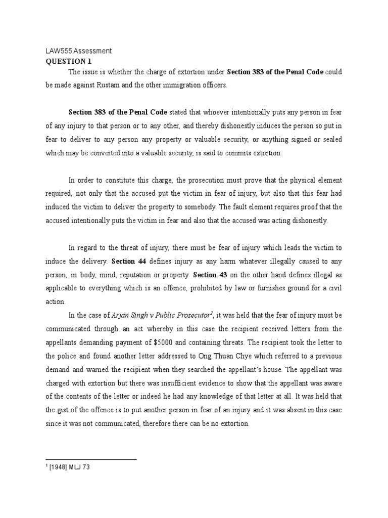 LAW555 Assessment Question 1 Extortion Charge | PDF