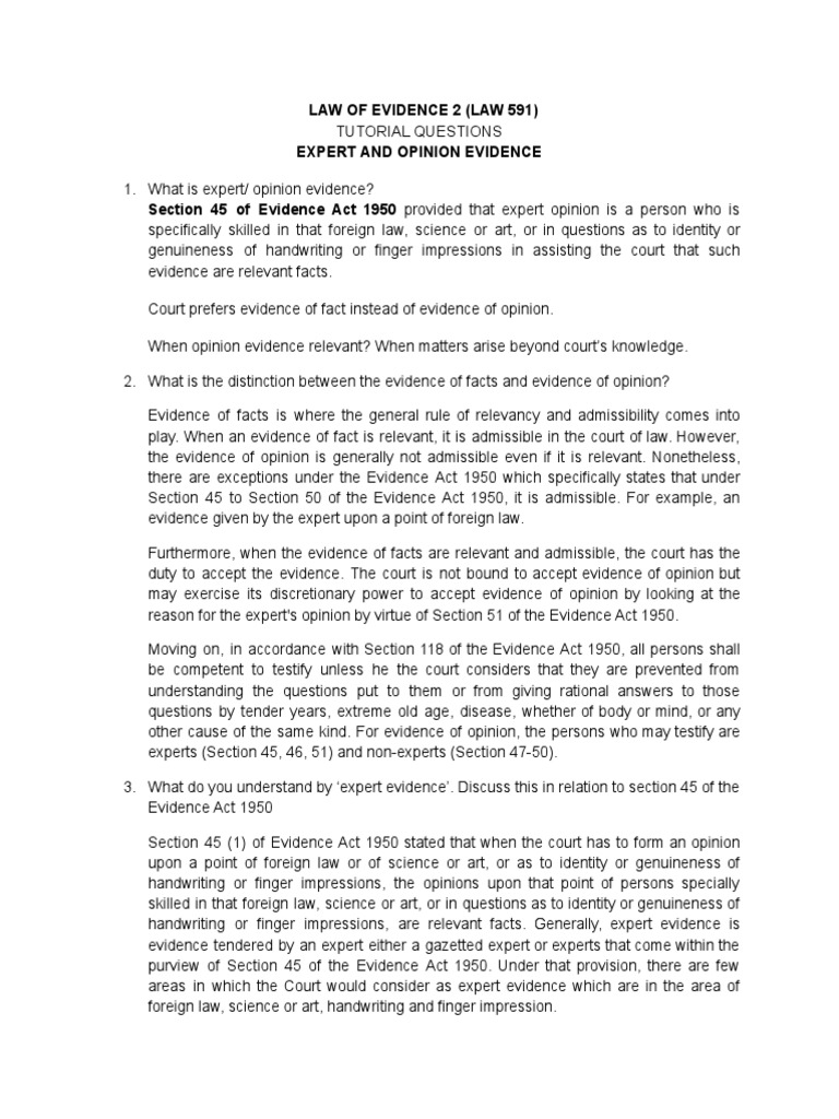 Tutorial Evidence 1 - Expert Opinion | PDF | Expert Witness | Evidence