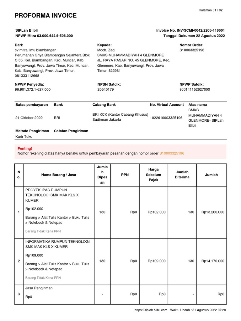 Proforma Invoice CV Mitra Erlangga | PDF