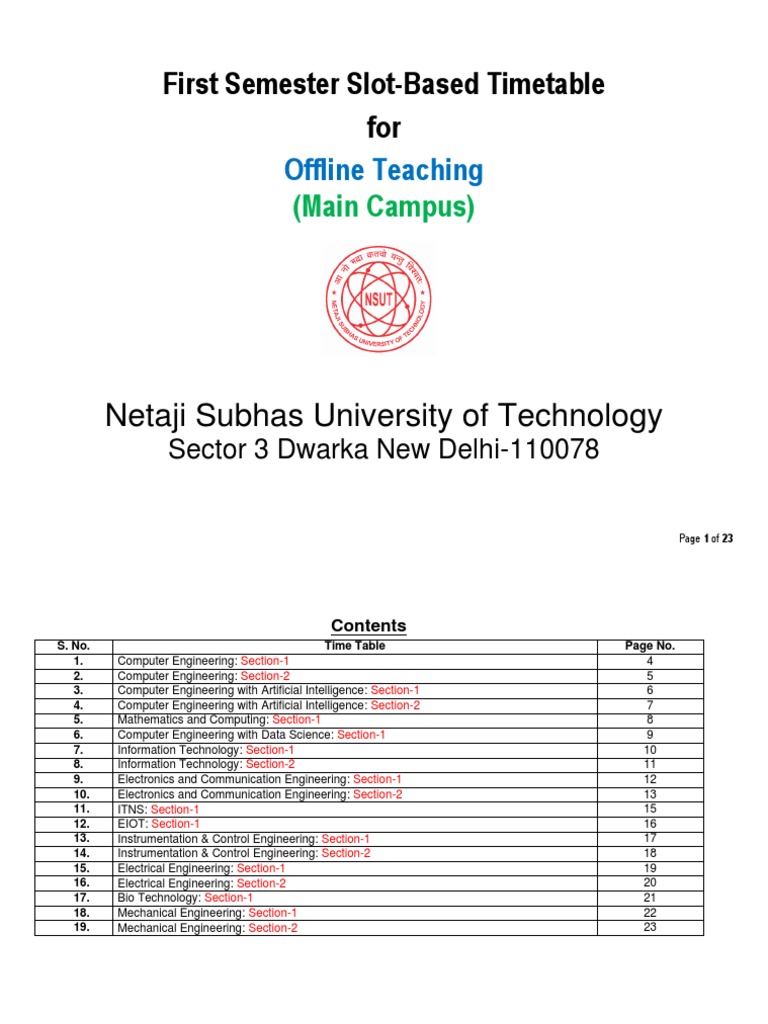 Master Time Table For First Semester B. Tech. (NSU | PDF | Engineering ...