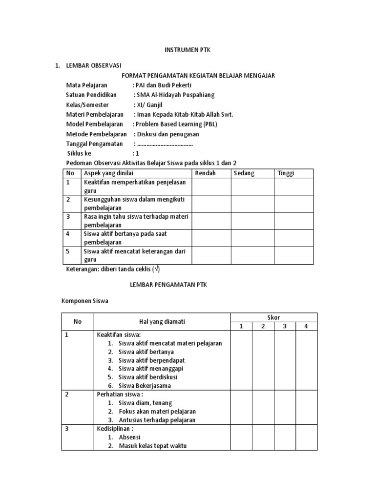 Contoh Instrumen PTK Jajang | PDF | Karier & Perkembangan | Pengembangan Diri