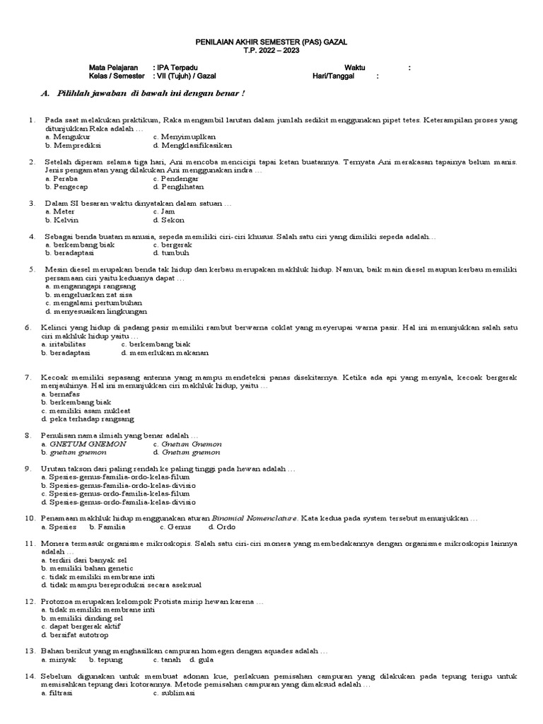 UAS GANJIL Kelas 7 | PDF