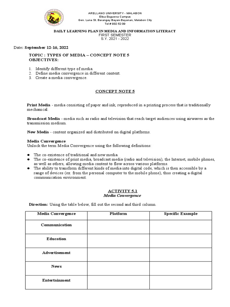 Arellano University Media Literacy Daily Plan | PDF | Mass Media ...