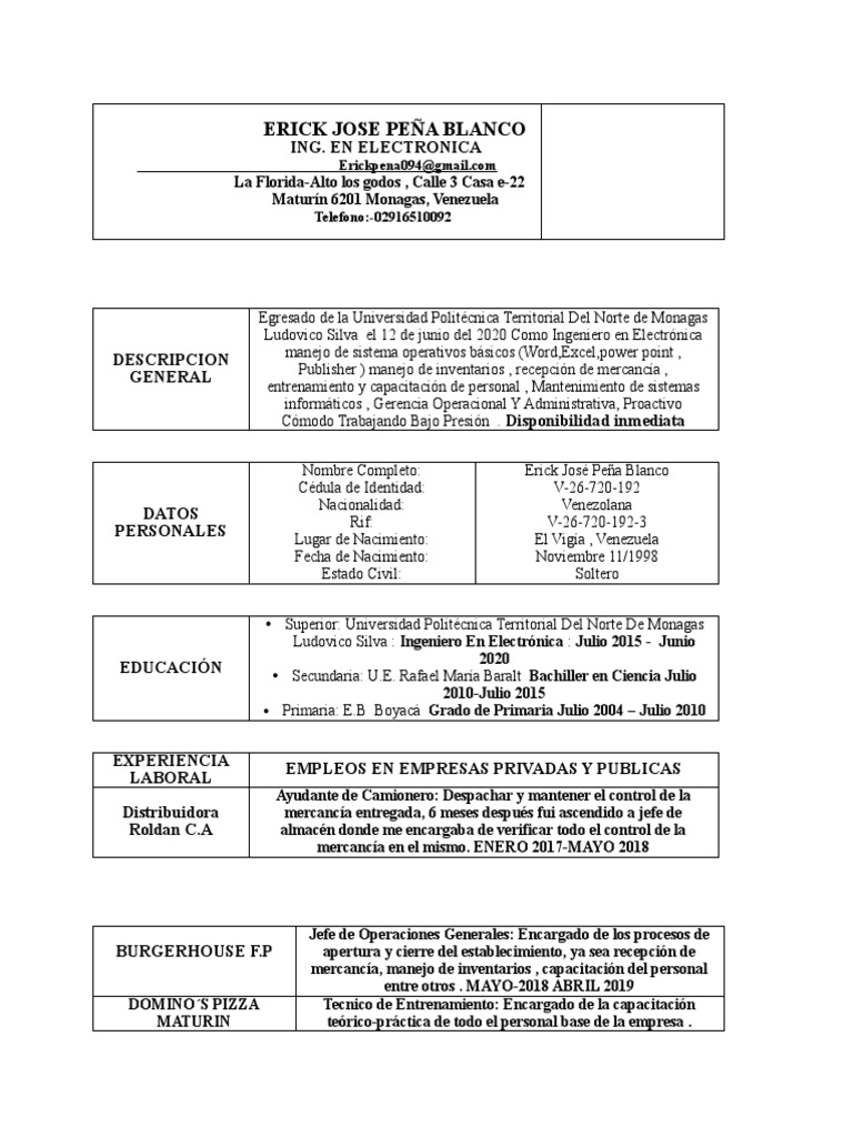 Resumen Curricular Erick Peña | PDF