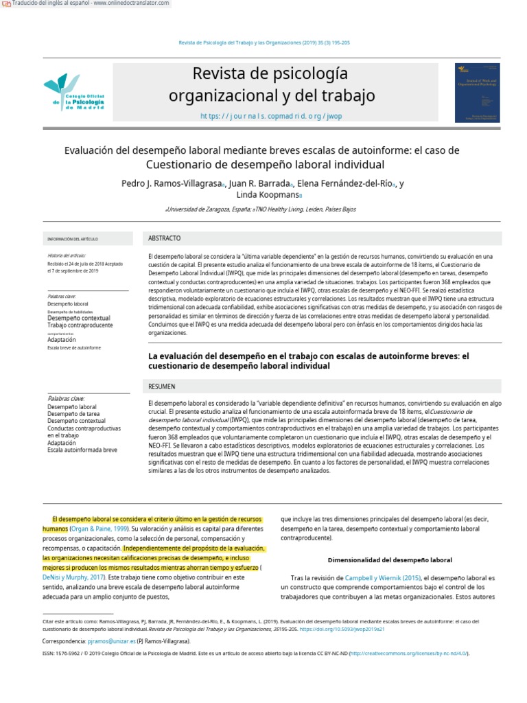 Evaluación Del Desempeño Laboral Mediante Breves Escalas de Autoinforme ...
