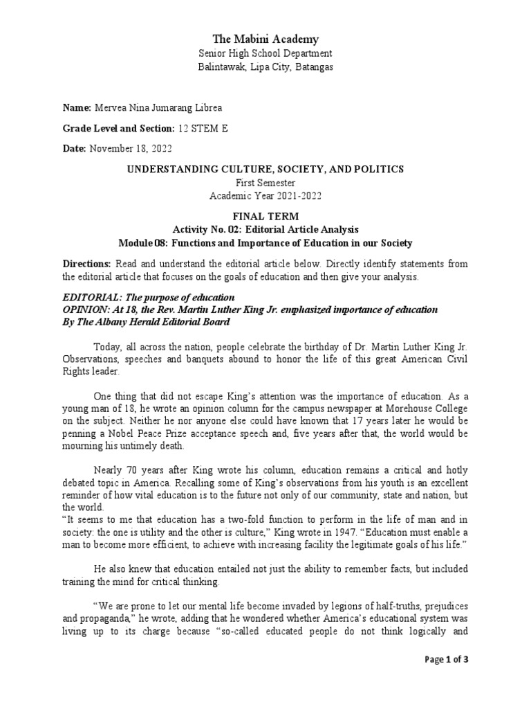 UCSP Module 08 Activity 02 Editorial Article Analysis | PDF