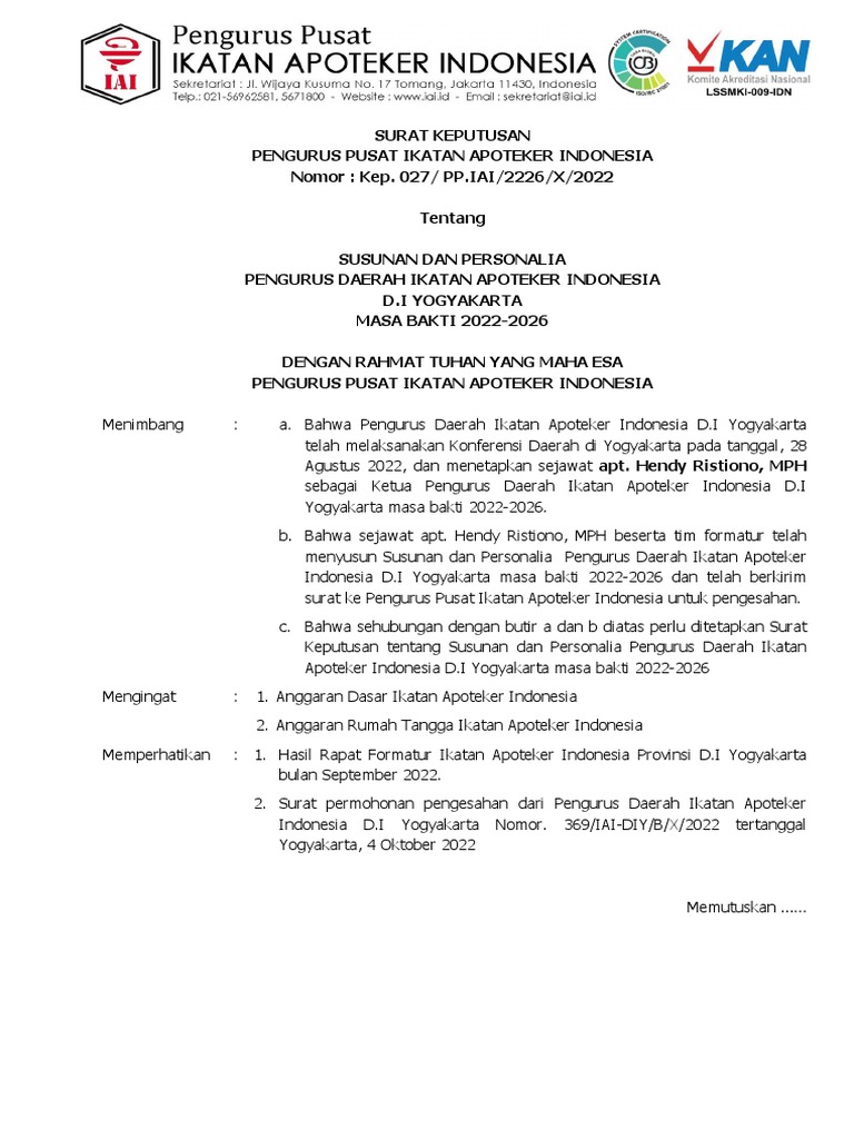 SK PP No. Kep.027 PP - IAI 2226 X 2022 - Susunan Dan Personalia PD IAI DIY Periode 2022-2026 | PDF