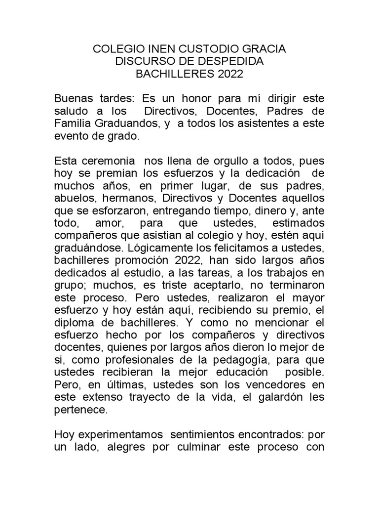 Discurso de Despedida de Grado Once | PDF | Crecimiento personal y profesional | Salud y bienestar