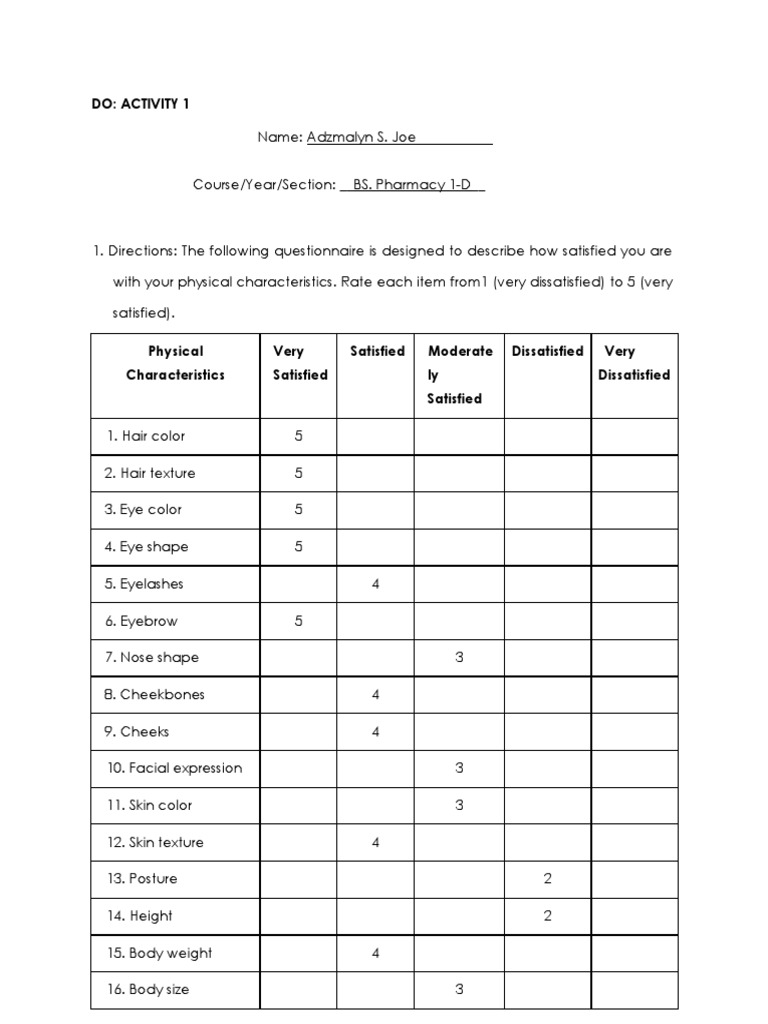 Physical Self Activity 1 | PDF | Self Esteem | Psychological Concepts