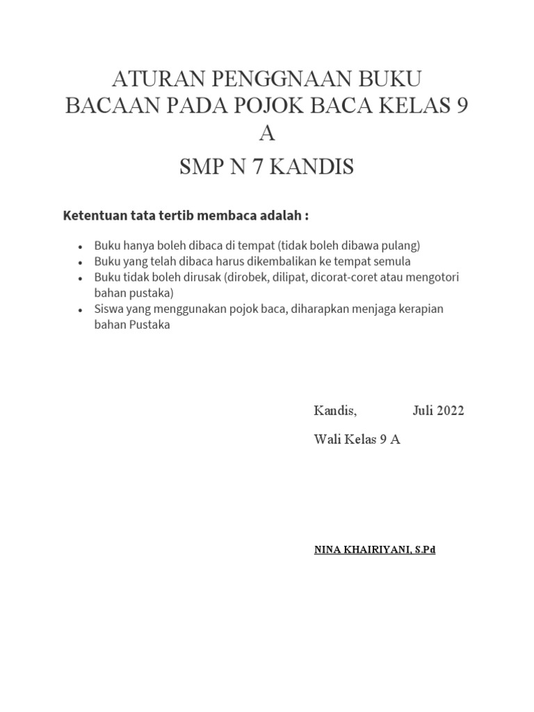 Peraturan Pojok Baca | PDF
