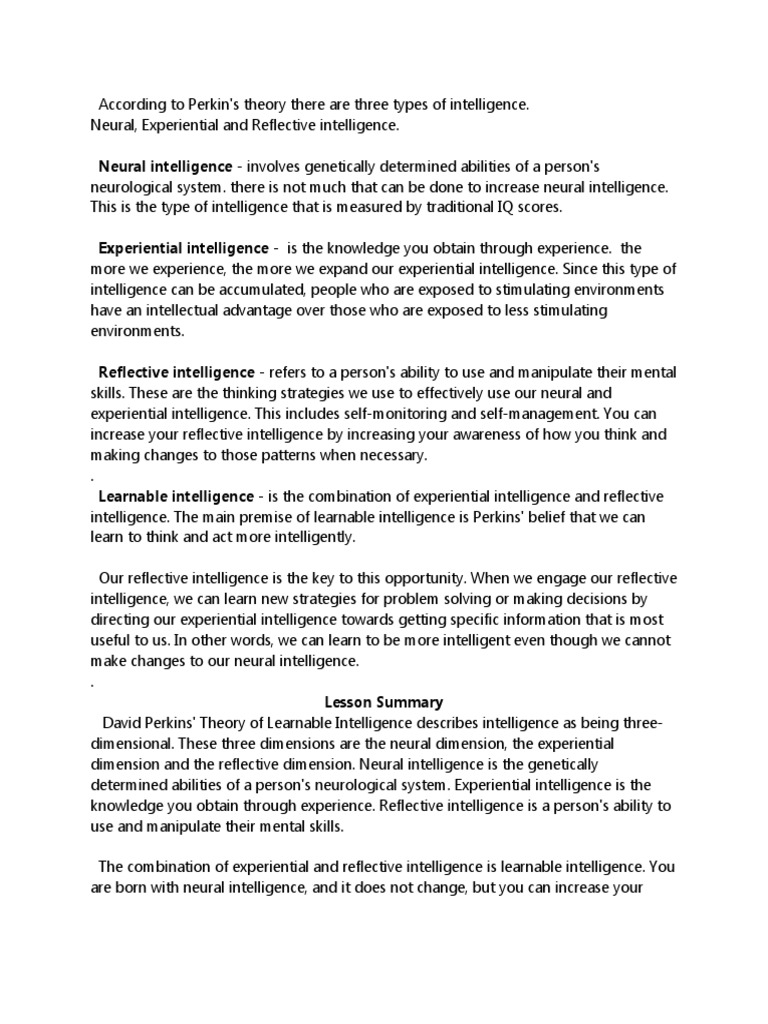 Perkins' Three Dimensions of Intelligence | PDF | Intelligence ...