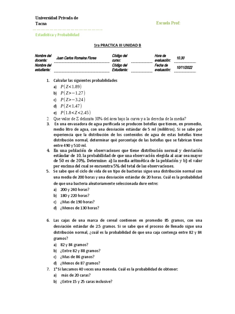 1ra Pract de Estd y Prob Unidad III 22-2 | PDF | Desviación Estándar | Probabilidad