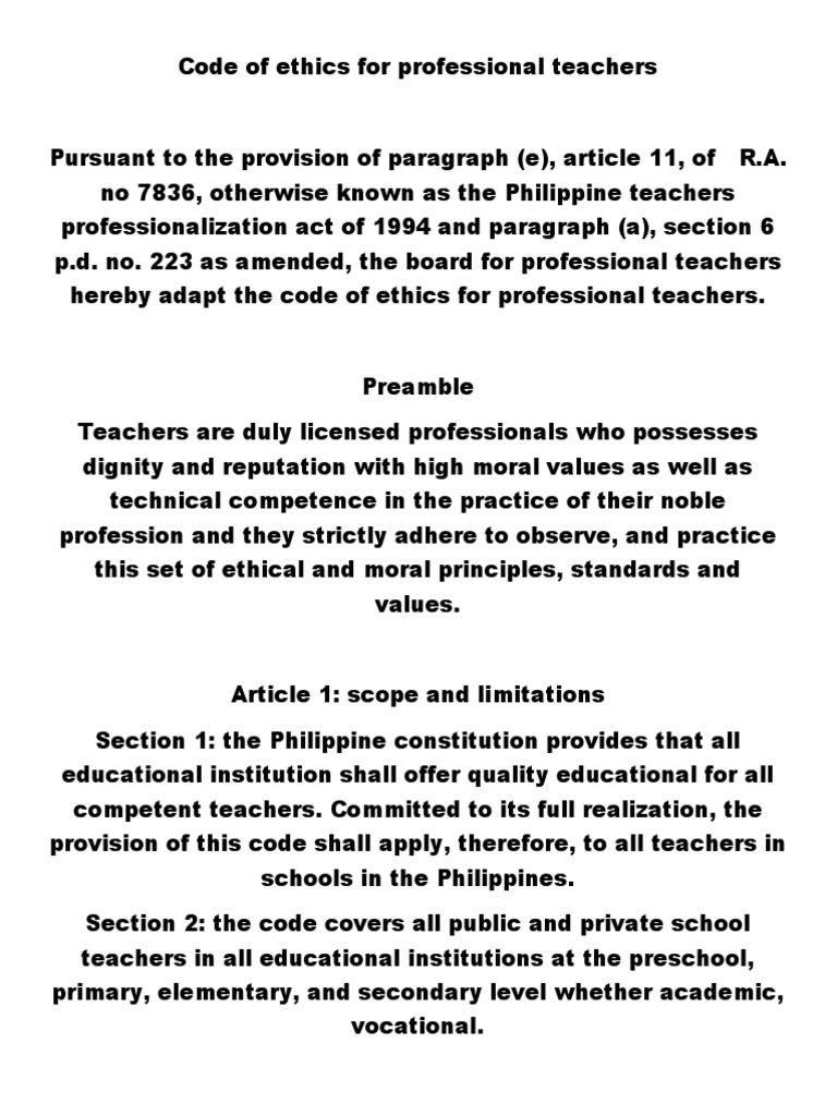 Code of Ethics For Professional Teachers | PDF | Teachers | Dignity