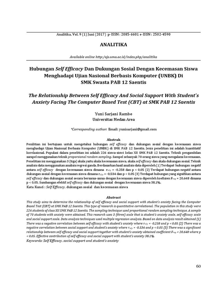 Hubungan Self Efficacy Dan Dukungan Sosial Dengan Kecemasan Siswa. Yuni Sarjani Rambe. 2017 | PDF