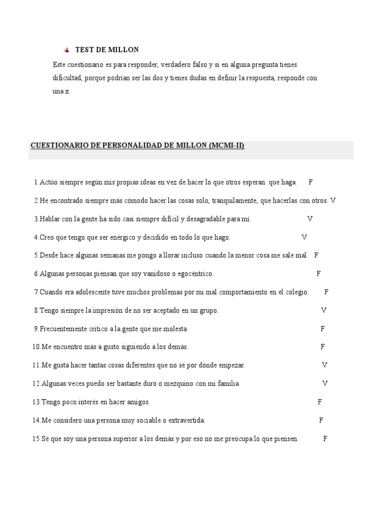 Cuestionario de Personalidad Millon | PDF