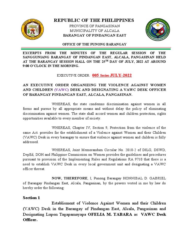 Eo 005 On Vawc Desk Creation Reorganization | PDF