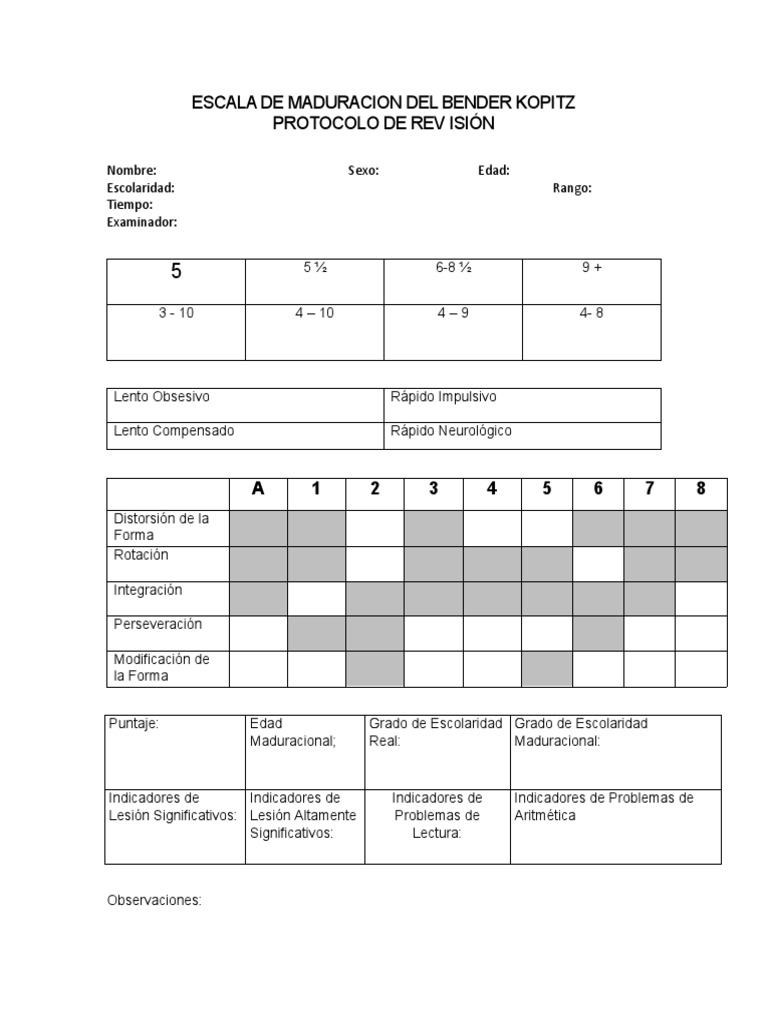 Protocolo ESCALA DE MADURACION DEL BENDER KOPITZ | PDF
