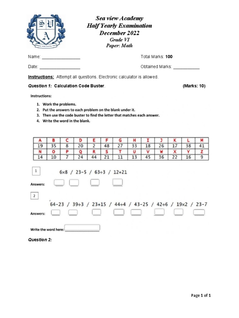 Year 6 Half-Yearly Math Exam Paper | PDF