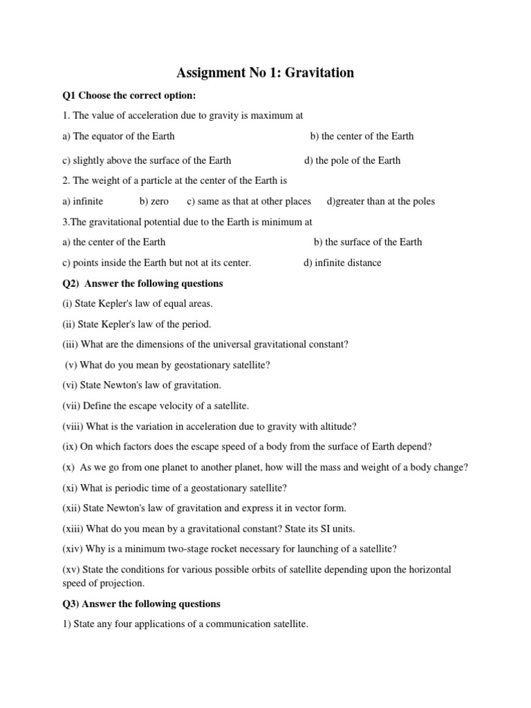 Assignment Ls Gravitation 11th STD | PDF | Orbit | Acceleration