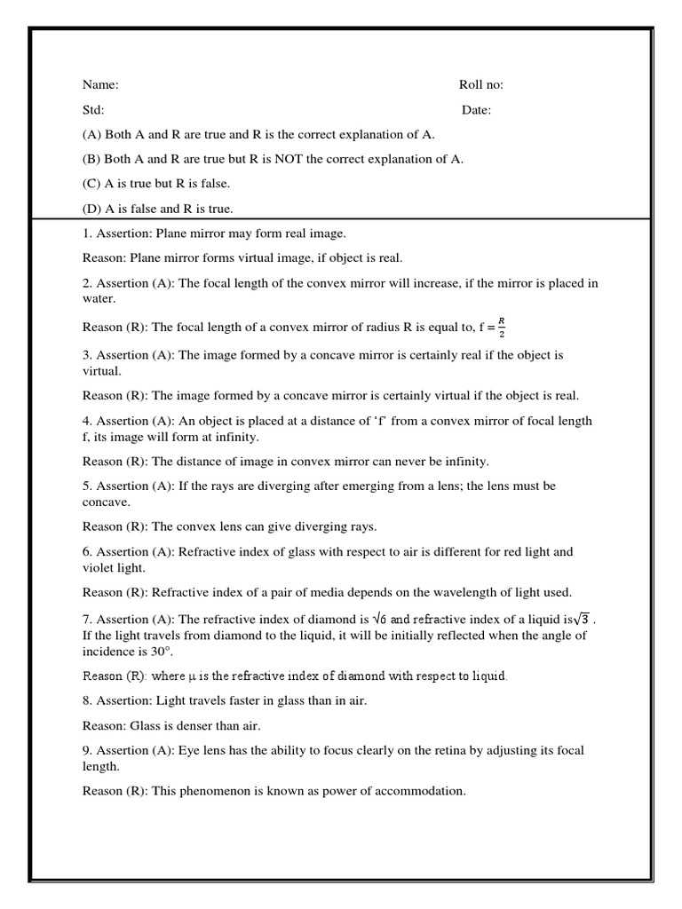 Test STD 10th | PDF | Mirror | Light