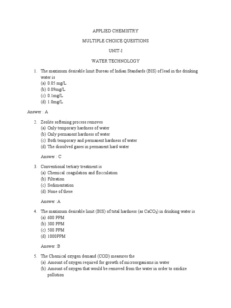 Water Quality MCQs for Competitive Exams | PDF | Composite Material ...
