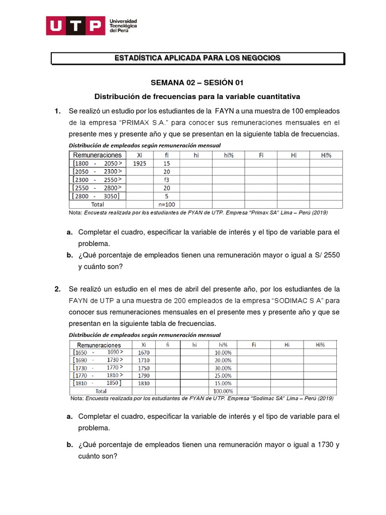 S02.s1 - Resolver Ejercicios-Distribución de Frecuencias de Variables Cuantitativas | PDF