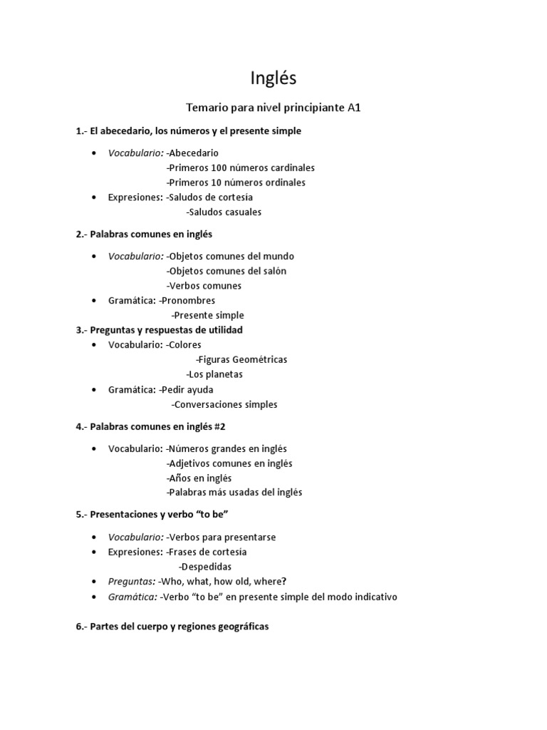 Temario Inglés Básico A1 1 | PDF | Idioma en Inglés | Lingüística