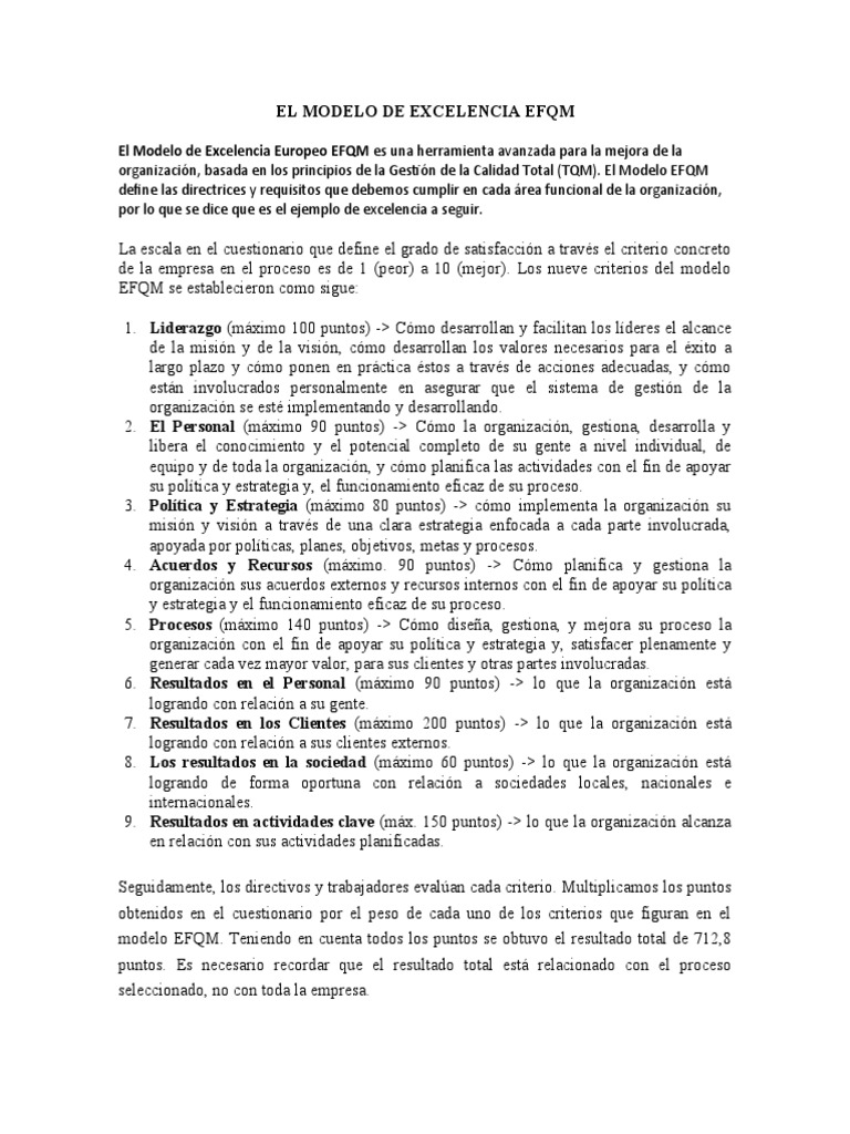 El Modelo de Excelencia Efqm Resuelto | PDF | Gestión de la calidad | Calidad (comercial)