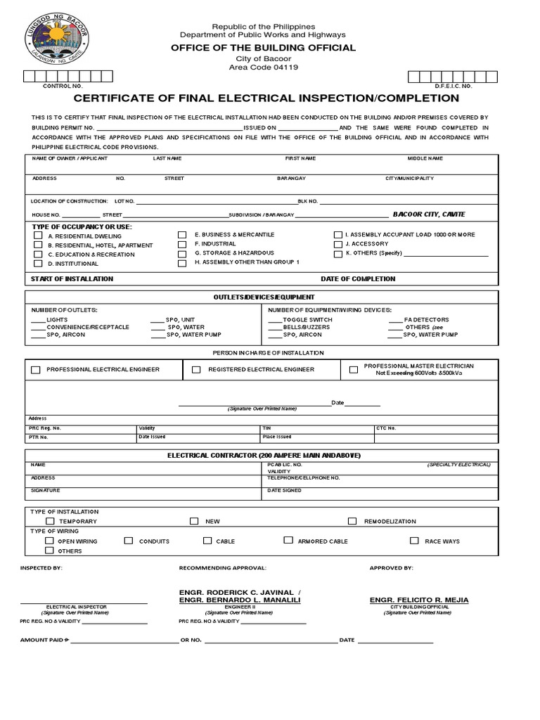 Certificate of Final Electrical Inspection | PDF | Electrical Wiring ...