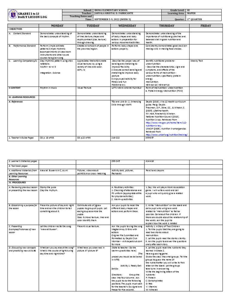 Grade 3 DLL MAPEH 3 Q1 Week 3 | PDF | Malnutrition | Teachers