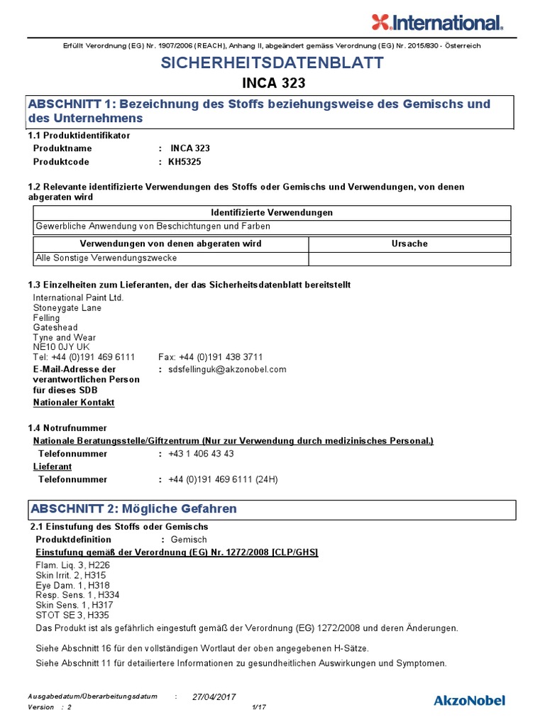 Sicherheitsdatenblatt: INCA 323 | PDF