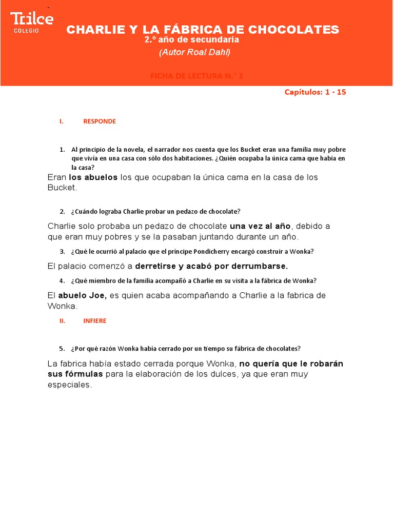 2° Sec. CHARLIE Y LA FÁBRICA DE CHOCOLATES - Ficha 1 | PDF