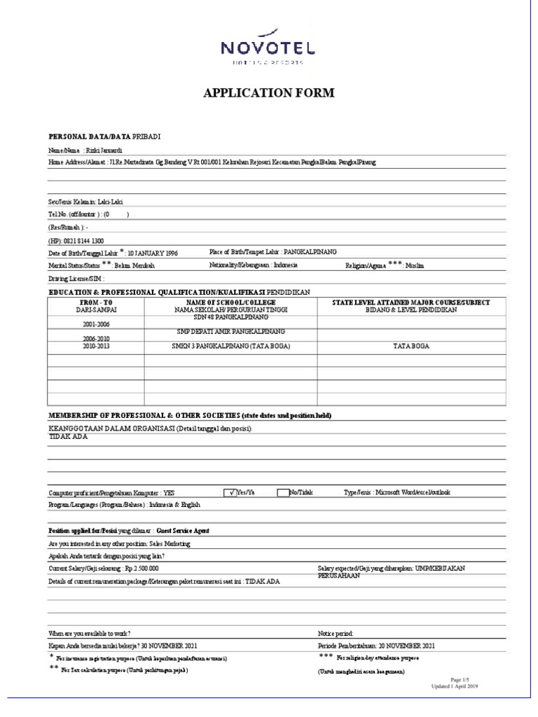 Application Form - Novotel Bangka | PDF
