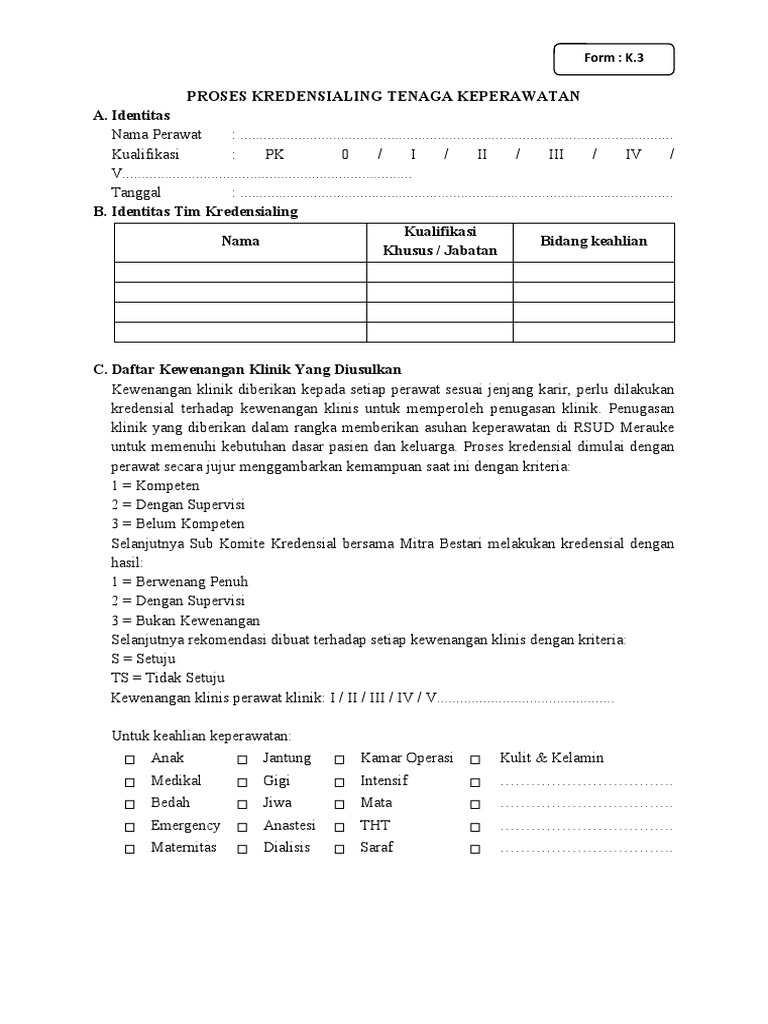 K3 Form Kredensial Komite Keperawatan | PDF