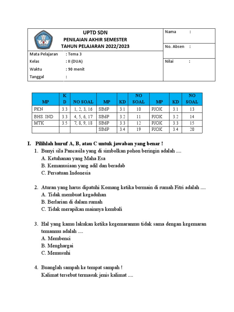 Soal & Jawaban PAS Kelas 2 Tema 3 | PDF