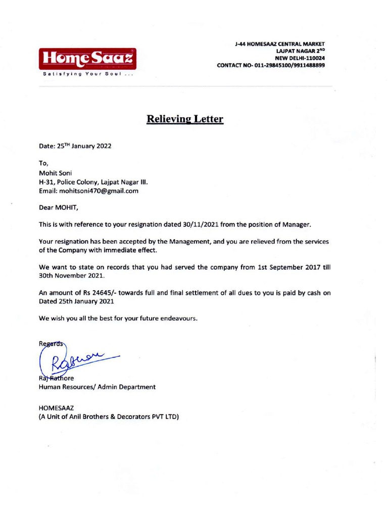 Experience Cum Relieving Letter - Homesaaz | PDF