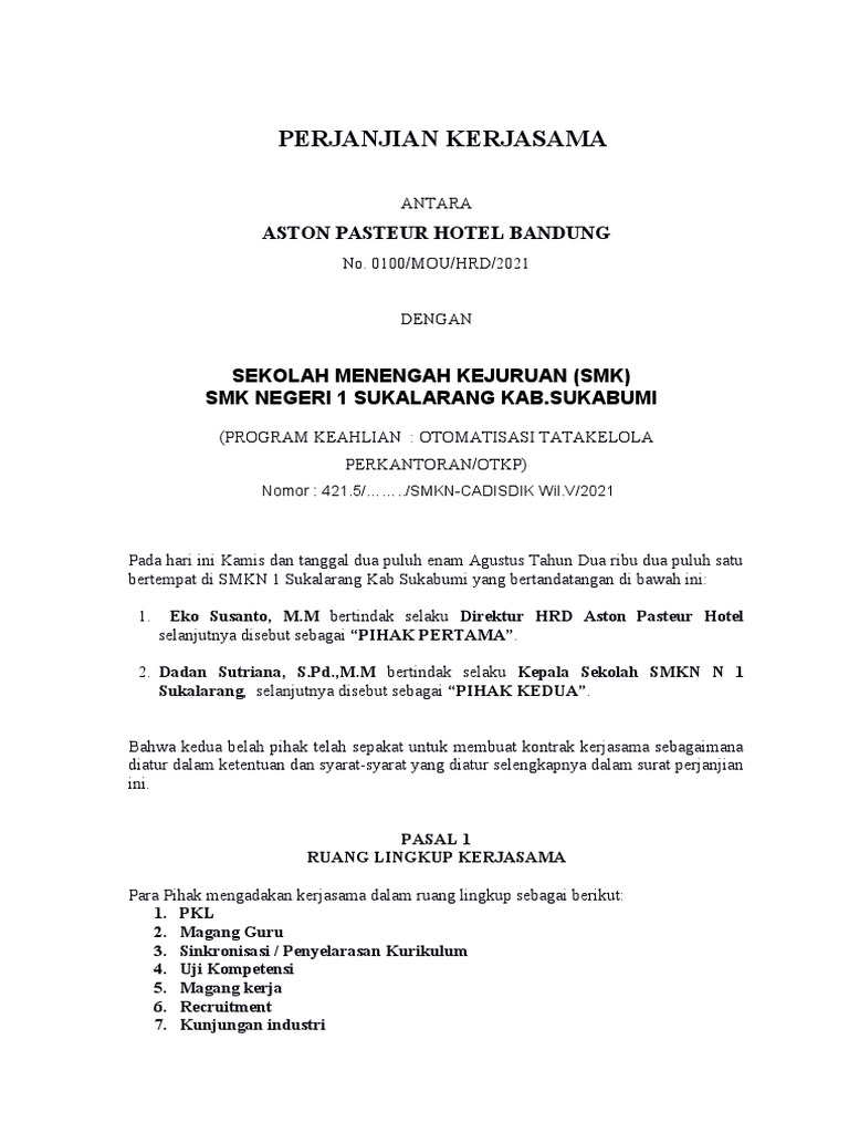 MOU OTKP Dan Aston Pasteur Hotel | PDF