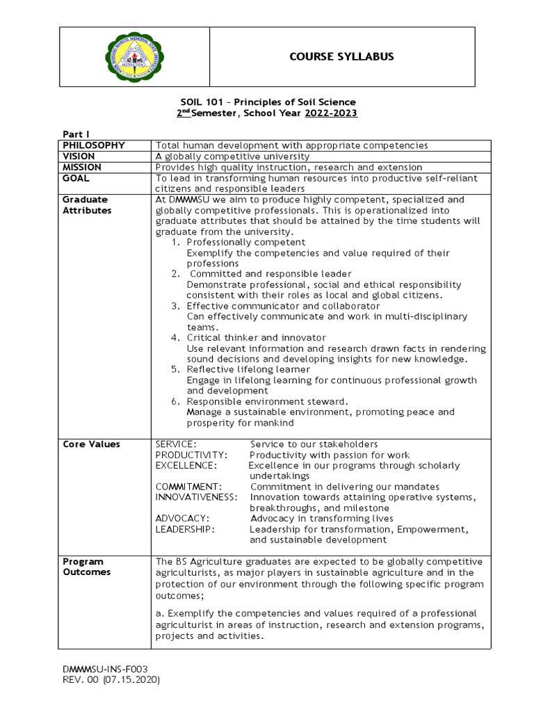 SOIL 101 SYllabus | PDF | Soil | Rock (Geology)