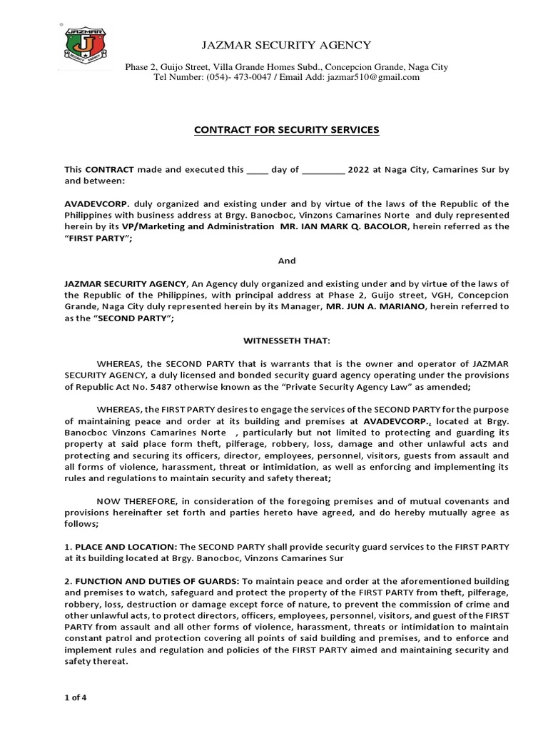 Avadev Corp Security Services Contract 2022-2023 | PDF