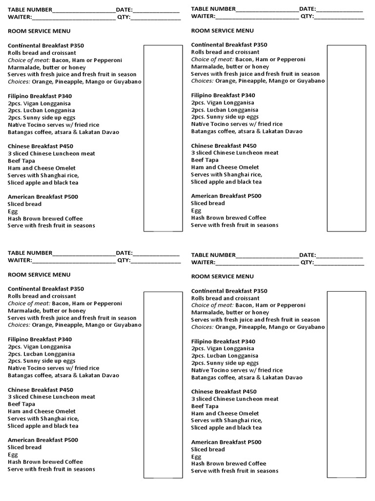 Room Service Breakfast Menu Options | PDF | Cooking, Food & Wine
