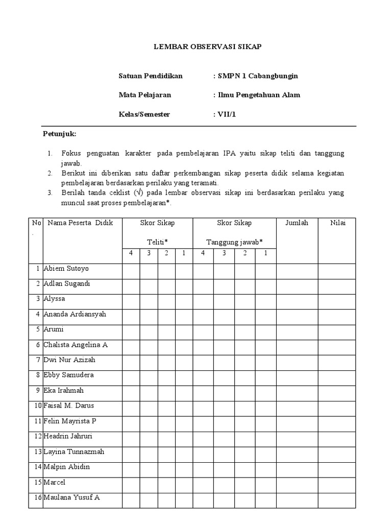 Lembar Observasi Sikap & Keterampilan | PDF
