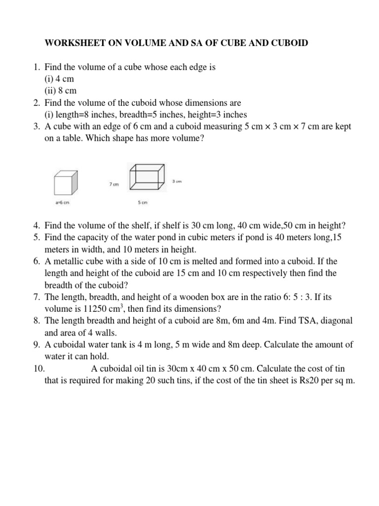 Worksheet On Volume and Sa of Cube and Cuboid | PDF