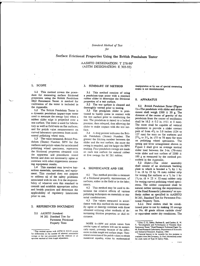 T 278-90 Surface Frictional Properties Using The Pendulum T | PDF T 278-90 Surface Frictional Properties Using The Pendulum T | PDF