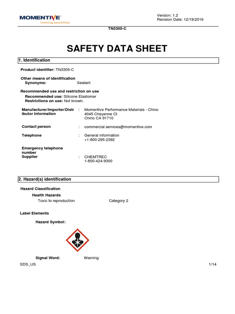 Snapsil TN3305 - C MSDS | PDF | Toxicity | Firefighting