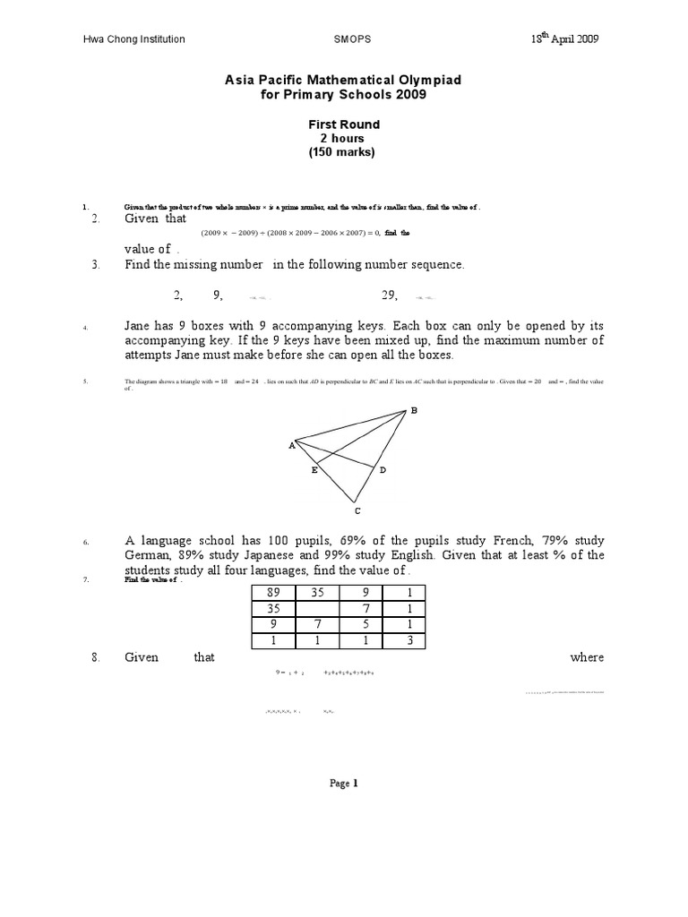 2009 Asia Pacific Math Olympiad Questions | PDF